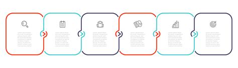 타임라인 인포그래픽 템플릿 숫자와 화살표가있는 얇은 선 디자인 6가지 옵션 또는 단계로 비즈니스 프로세스를 진행할 수 있습니다 비즈니스 프로세스에 대한 스톡 벡터 아트 및