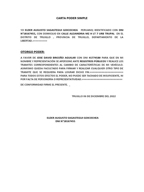 Carta Poder Vehiculos Cambio De Caracteristicas Pdf