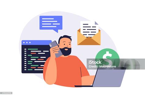 웹사이트 디자인을 위한 평면 만화 사람들과 함께하는 멀티태스킹 웹 개념 사무실에서 다양한 일을 하고 전화로 전화를 걸고 노트북으로 코딩과 프로그래밍을 하고 돈을 버는 남자
