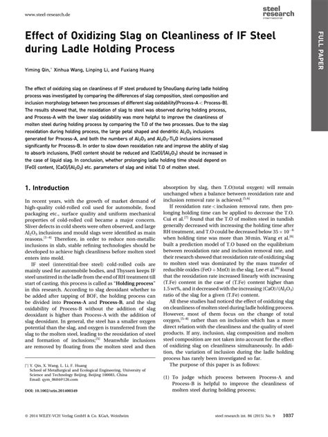 Pdf Effect Of Oxidizing Slag On Cleanliness Of If Steel During Ladle Holding Process