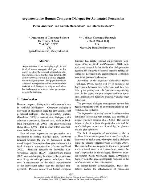 Pdf Argumentative Human Computer Dialogue For Automated Persuasion