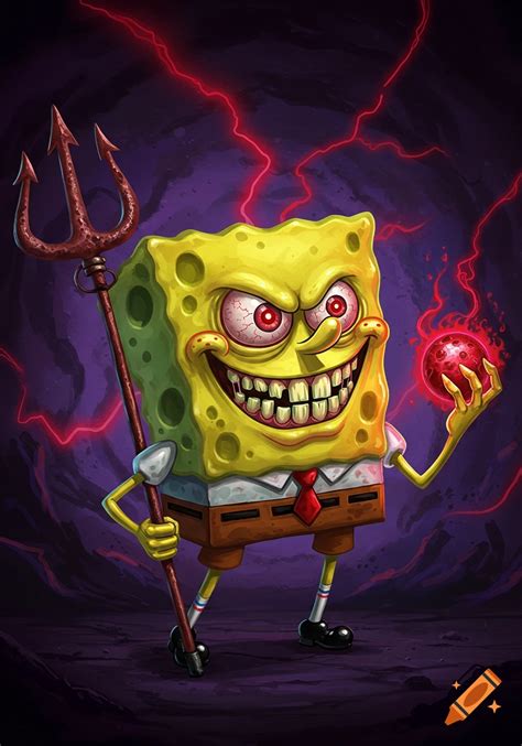 Evil Spongebob Squarepants With Red Eyes And Sharp Teeth Holding A Trident And A Glowing Red