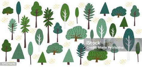 귀여운 나무 클립 아트 손으로 그린 평면 벡터 일러스트 숲 만화 요소의 나무 세트 자작 나무 전나무 소나무 가문비 나무 참나무 흰색 배경에 고립 된 아스펜 나무에 대한 스톡