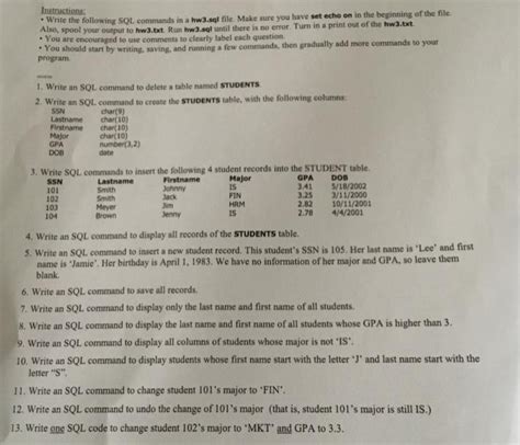 Solved Sol Commands In A Hw3sqt File Make Sure You Have