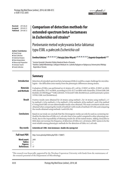 Pdf Comparison Of Detection Methods For Extended Spectrum Beta Lactamases In Escherichia Coli