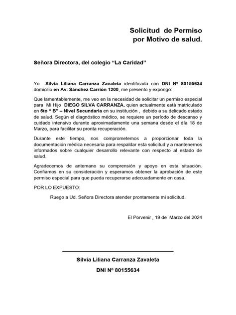 Solicitud De Permiso Por Motivo De Salud Pdf Estilo De Vida