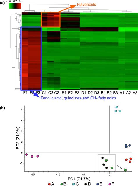 hierarchical cluster analysis a and biplot of pca b reflecting the