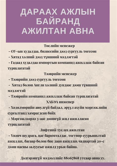 Дараах ажлын байранд ажилтан авна Zarsonin Mn Зарын төрөлжсөн сайт