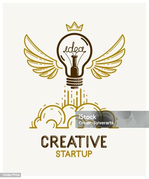 로켓 벡터 선형 로고 또는 아이콘 창조적 인 아이디어 시작 과학 발명 또는 연구 전구 새로운 비즈니스 시작처럼 발사 날개와 아이디어 전구 0명에 대한 스톡 벡터 아트 및