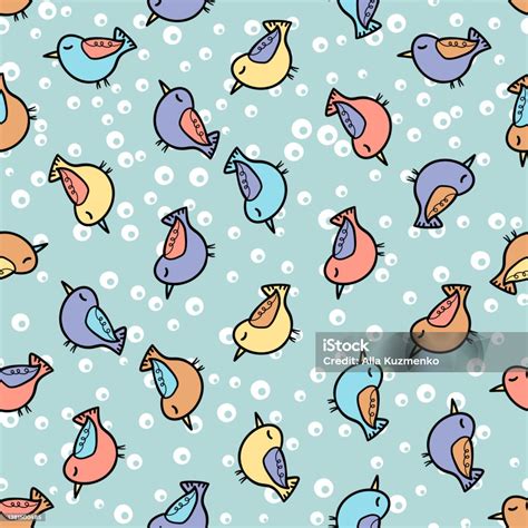 재미있는 다채로운 새와 원활한 패턴 작은 만화 새와 색상 플랫 벡터 일러스트 귀여운 캐릭터 초대 포스터 카드 전단지 직물 어린이를위한 직물을위한 템플릿 디자인 기이함에 대한