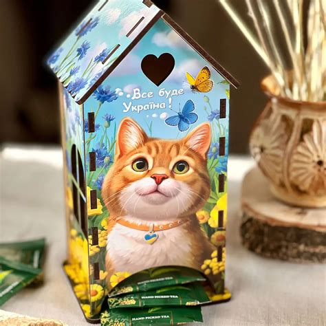 Деревяна шкатулка Чайний будиночок Рудий котик — Оптова ціна — Купити Гуртом в Україні