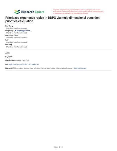 pdf prioritized experience replay in ddpg via multi dimensional