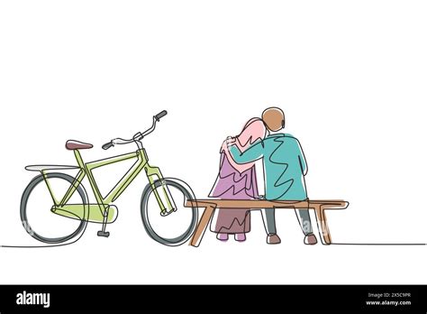 Continuous One Line Drawing Back View Romantic Arabian Couple Chatting While Sitting And Hugging