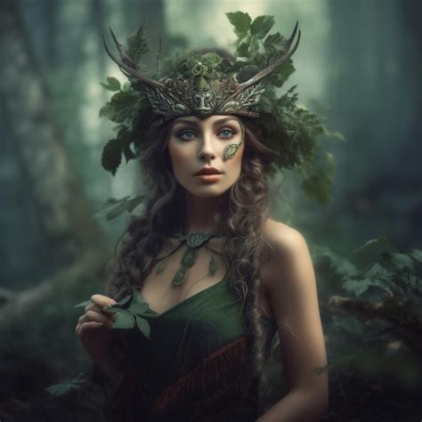 Premium Ai Image A Woman With A Leaf Crown On Her Head Stands In A Forest