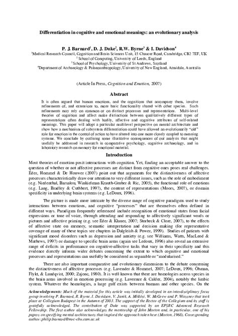 Pdf Differentiation In Cognitive And Emotional Meanings An Evolutionary Analysis Iain