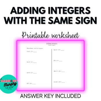 Adding Integers Same Sign WS By Murphy S Teachers Pay Teachers