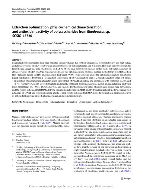 Extraction Optimization Physicochemical Characterization And Antioxidant Activity Of