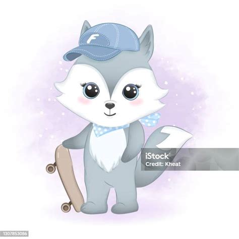 스케이트 보드 손으로 그린 만화 일러스트와 귀여운 작은 여우 개에 대한 스톡 벡터 아트 및 기타 이미지 개 수채화 회색 Istock