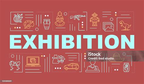 전시 단어 개념 배너입니다 박물관 박람회 역사와 문화 과학 기술 빨간색 배경에 선형 아이콘이 있는 인포그래픽입니다 격리 된 타이포그래피 벡터 개요 그림 0명에 대한 스톡