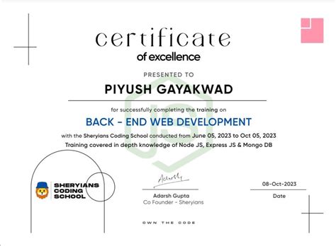 Piyush Gayakwad On Linkedin Back End Batch 🚀 Complition Certificate