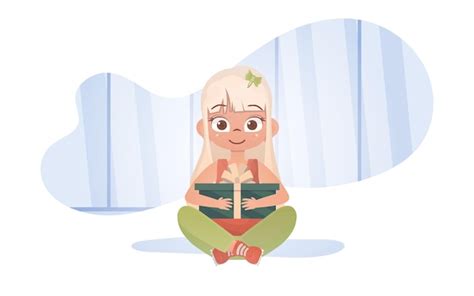 어린 소녀는 그녀의 손에 벡터 선물을 들고 연꽃 자세로 앉아 있습니다 프리미엄 벡터