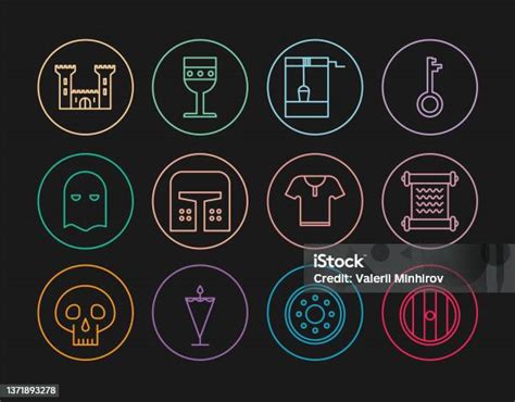 세트 라인 라운드 나무 방패 법령 양피지 스크롤 잘 양동이 중세 철 헬멧 집행 자 마스크 성 갑옷과 잔 아이콘 벡터 건축에 대한 스톡 벡터 아트 및 기타 이미지 Istock