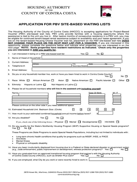 Ca Housing Authority Application For Pbv Site Based Waiting Lists County Of Contra Costa