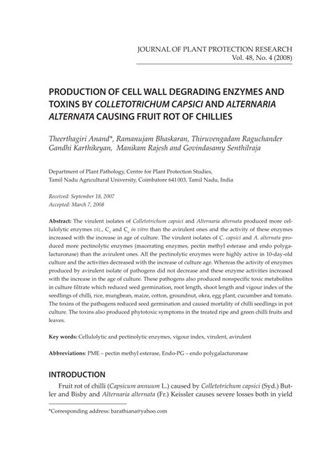Pdf Production Of Cell Wall Degrading Enzymes And Toxins By Colletotrichum Capsici And