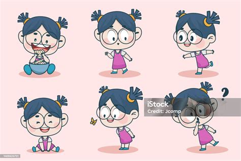 얼굴 표정과 손 포즈가 다른 젊은 똑똑한 소녀 캐릭터 얼굴 표정 플랫 벡터 일러스트 레이 션 고립 색상에 대한 스톡 벡터 아트 및 기타 이미지 Istock