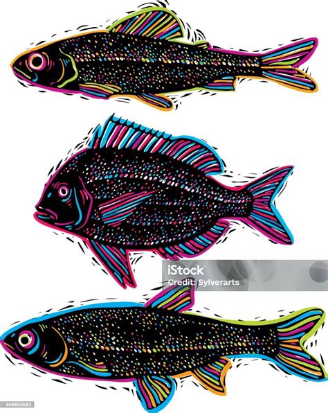 벡터 그려진 물고기 수 중 종 세트 유기농 해산물 그래픽 기호 컬렉션 민물 물고기 농 어 도미 연어 강에 대한 스톡 벡터 아트 및 기타 이미지 Istock