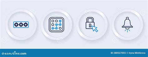 Set Line Ringing Alarm Bell Lock Graphic Password Protection And Password Icon Vector Stock