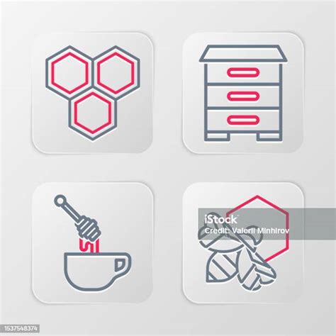 세트 라인 꿀벌과 벌집 꿀 국자 스틱 꿀벌을위한 하이브 및 벌집 아이콘 벡터 곤충에 대한 스톡 벡터 아트 및 기타 이미지 곤충 국자 금 금속 Istock