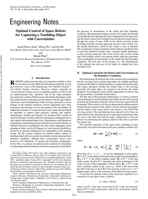 Pdf Optimal Control Of A Space Robot To Approach A Tumbling Object