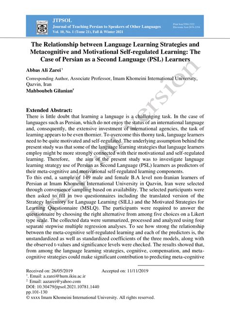 Pdf The Relationship Between Language Learning Strategies And Metacognitive And Motivational