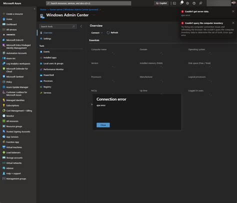 Azure Arc Windows Admin Center Cant Connect With Error Couldn´t Get Server Data Ajax Error