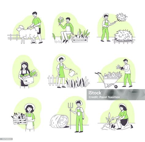 농부 사람들 캐릭터는 농작물을 수확하고 양을 깎는 일을 하는 캐릭터 벡터 세트 남자에 대한 스톡 벡터 아트 및 기타 이미지