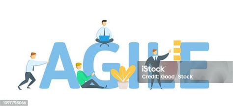 민첩 한 키워드 편지와 아이콘 개념입니다 흰색 바탕에 평면 벡터 일러스트입니다 애자일 방법론에 대한 스톡 벡터 아트 및 기타