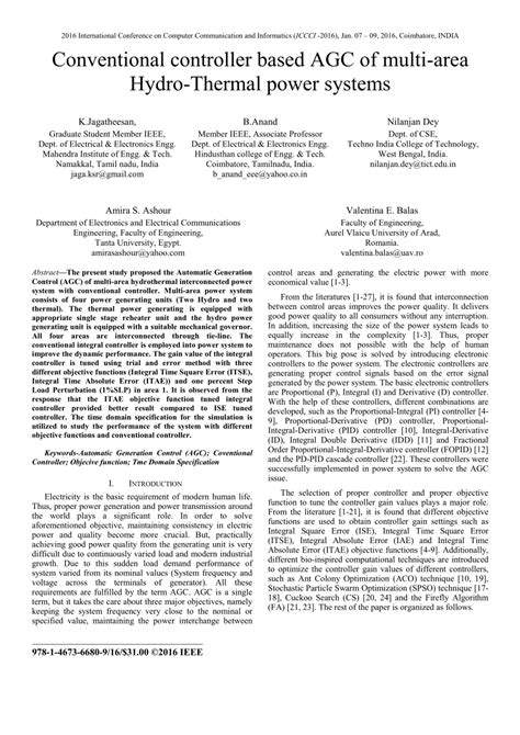 Pdf Conventional Controller Based Agc Of Multi Area Hydro Thermal Power Systems