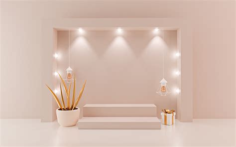 베이지 위너 스테이지 서치라이트로 조명되는 연단 조명 프로젝터가있는 받침대 광원 투광 조명 제품에 대한 개념 디스플레이 연단 3d 렌더링 이미지 0명에 대한 스톡 사진 및