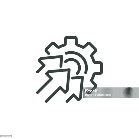 혁신 기술 구현 프로세스 최적화 기술 효율적인 생산 개요 아이콘 라인 사인 기어와 세 개의 화살표 흰색 배경에 웹용 벡터 격리된 픽토그램 편집 가능한 획 기어 기계 부분에