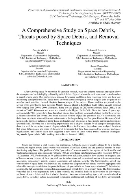 PDF A Comprehensive Study On Space Debris Threats Posed By Space Debris And Removal Techniques