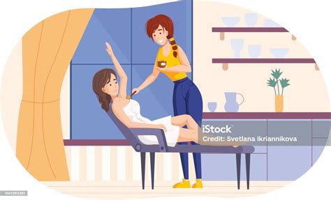 미용실에서 미용 스파 절차 제모 여성 미용사는 고객과 함께 일하고 겨드랑이 슈거 링 미용실이나 스파에서 머리카락을 제거하는 소녀