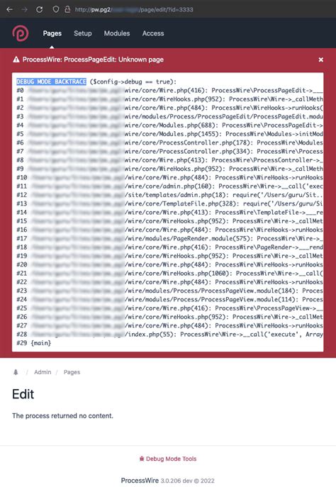 processpageedit unknown page debug mode backtrace · issue 1639 · processwire processwire