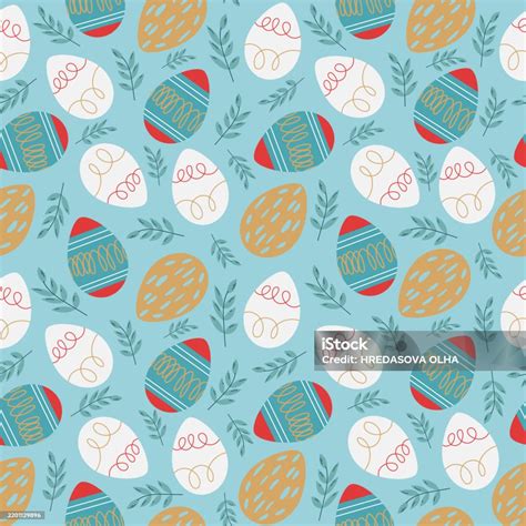 파란색 배경에 부활절 달걀과 가지를 특징으로하는 완벽 한 부활절 패턴입니다 귀여운 플랫 스타일 디자인으로 봄 테마 프로젝트와 휴일 장식에 적합합니다 계절에 대한 스톡 벡터