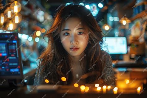 Asian Woman Software Developer Coding At Night With Flowchart On Computer Screen In Modern