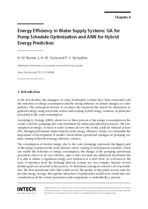 Pdf Energy Efficiency In Water Supply Systems Ga For Pump Schedule Optimization And Ann For
