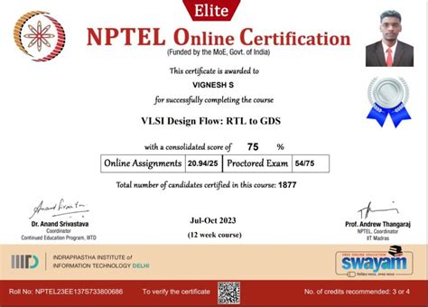 passed nptel rtl gds course vignesh s posted on the topic linkedin