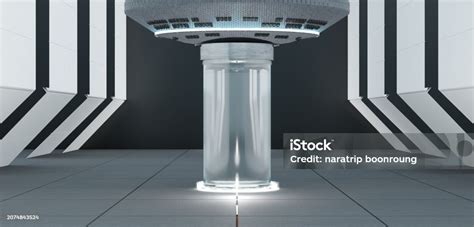 극저온 캡슐 동면 Cryonics 캡슐 동면 3d 일러스트 레이 션을 위해 냉동 액체가 있는 유리관 공상 과학 텔레포트 과학 기술 극저온 극저온 극저온 실험실 장비 실험실