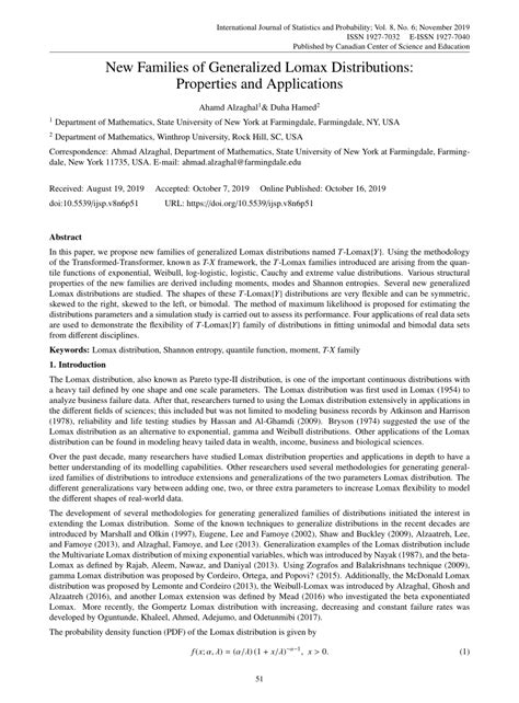 Pdf New Families Of Generalized Lomax Distributions Properties And