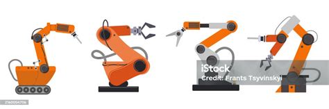 만화 스타일의 로봇 장치 세트입니다 흰색 배경에 고립 된 컨베이어 벨트에서 정렬하기 위한 산업용 로봇 조작기의 벡터 그림입니다 다양한 생산 공정의 실행 Performing